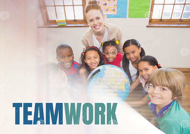 Teamwork Text and Elementary School Teacher with Class Stock Photo ...