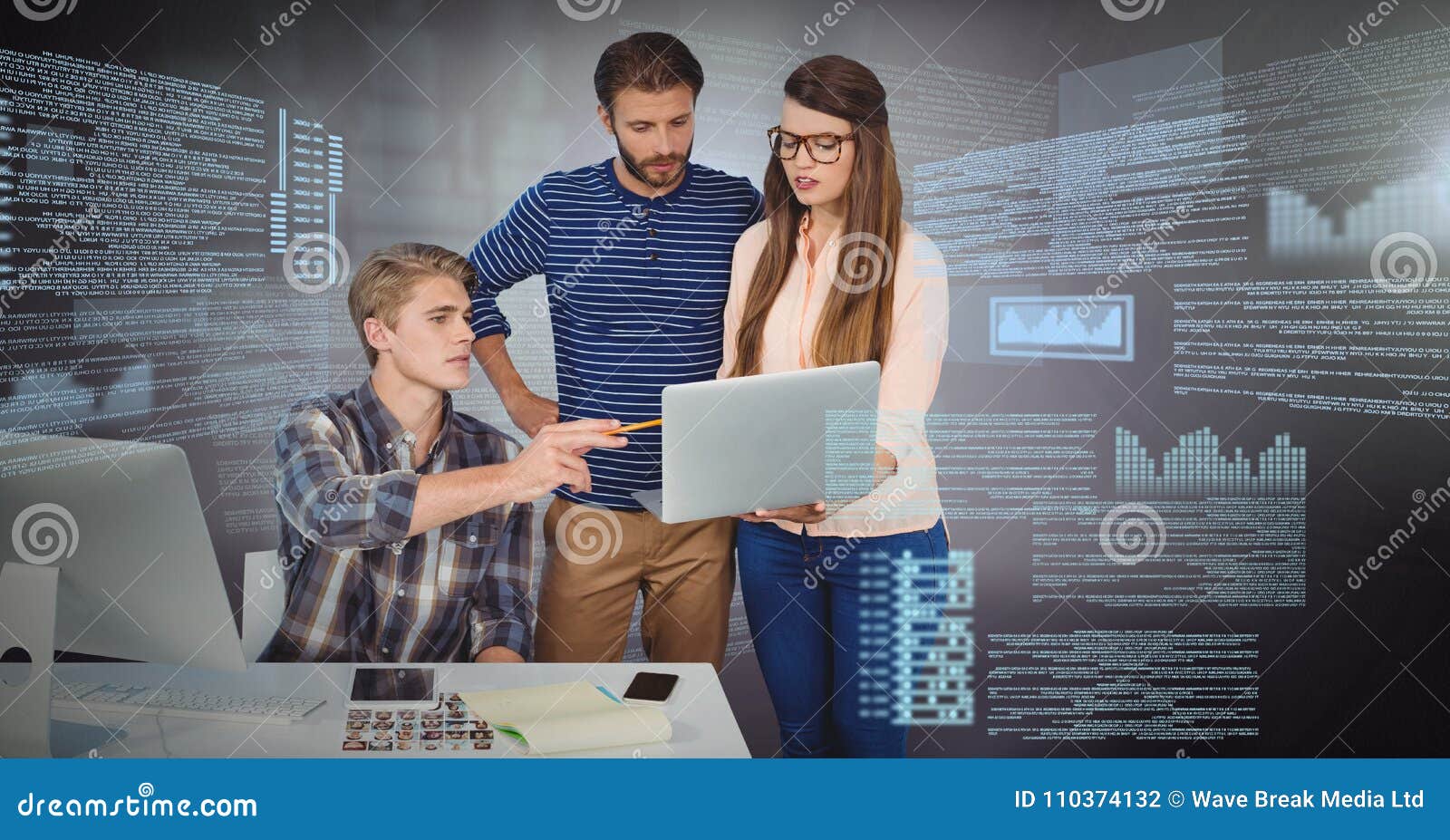 Three People Working on Laptop with Screen Text Interface Stock Photo ...