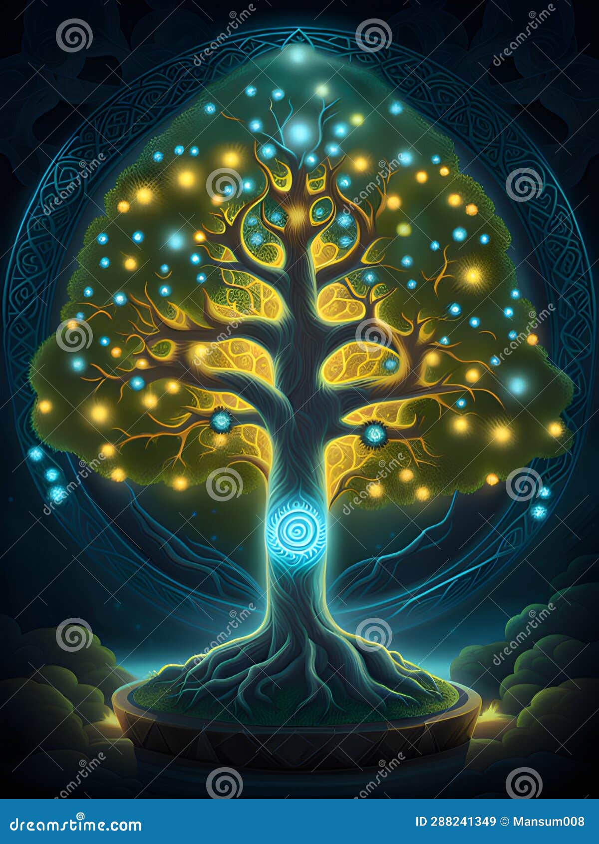 Digital Composite of Tree with Glowing Lights on Background, Ai ...