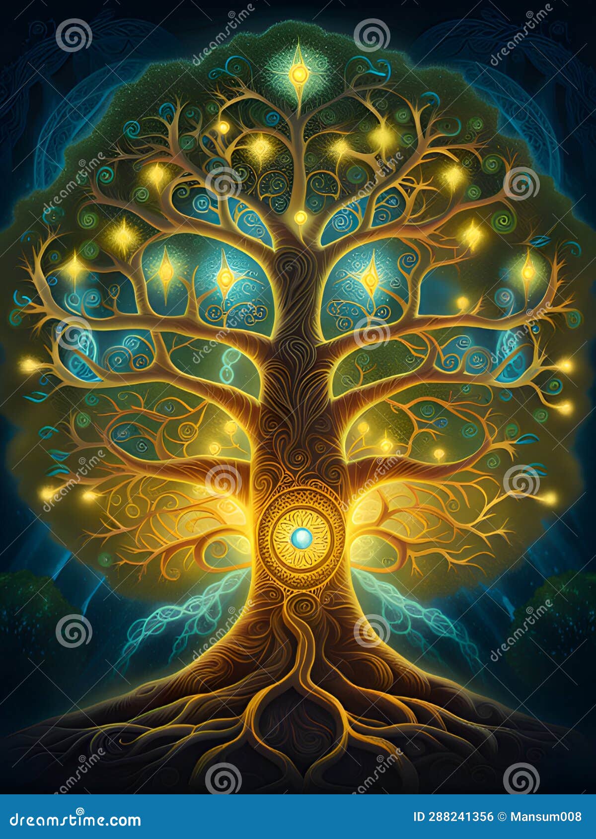 Digital Composite of Tree with Glowing Lights on Background, Ai ...