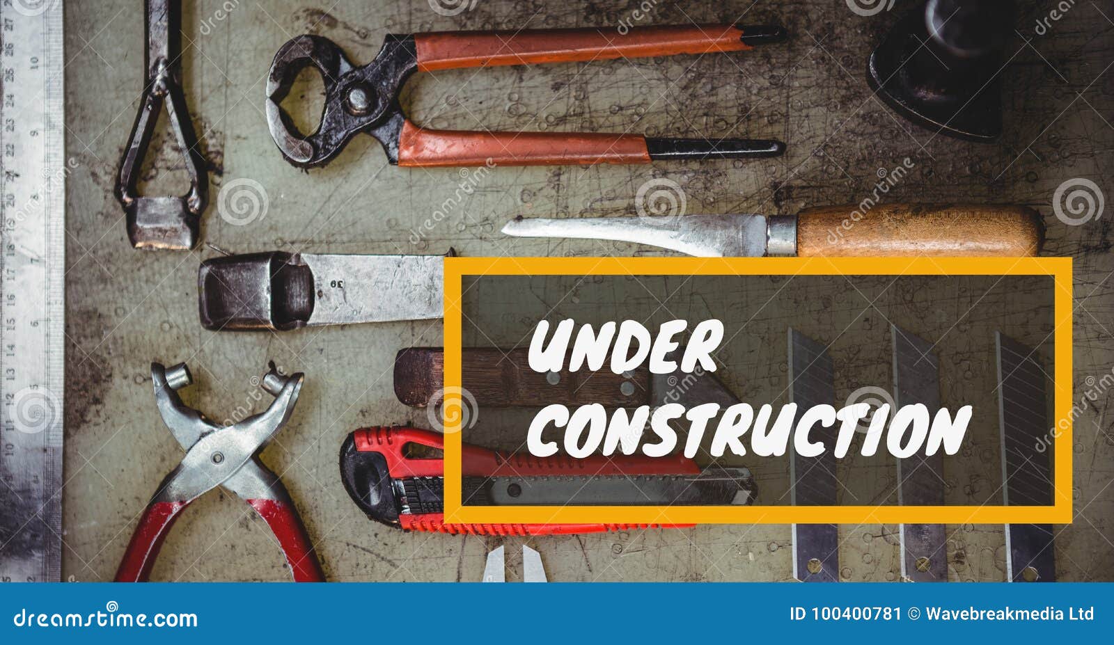 Under Construction Message on Images of Tools Laid on Table Stock Image ...