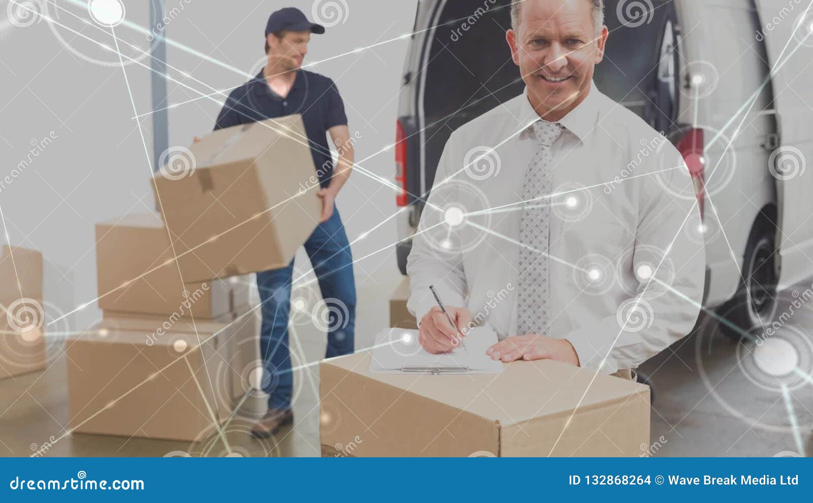 Warehouse Composition of Two Men Packing Boxes into a Van Combined with ...