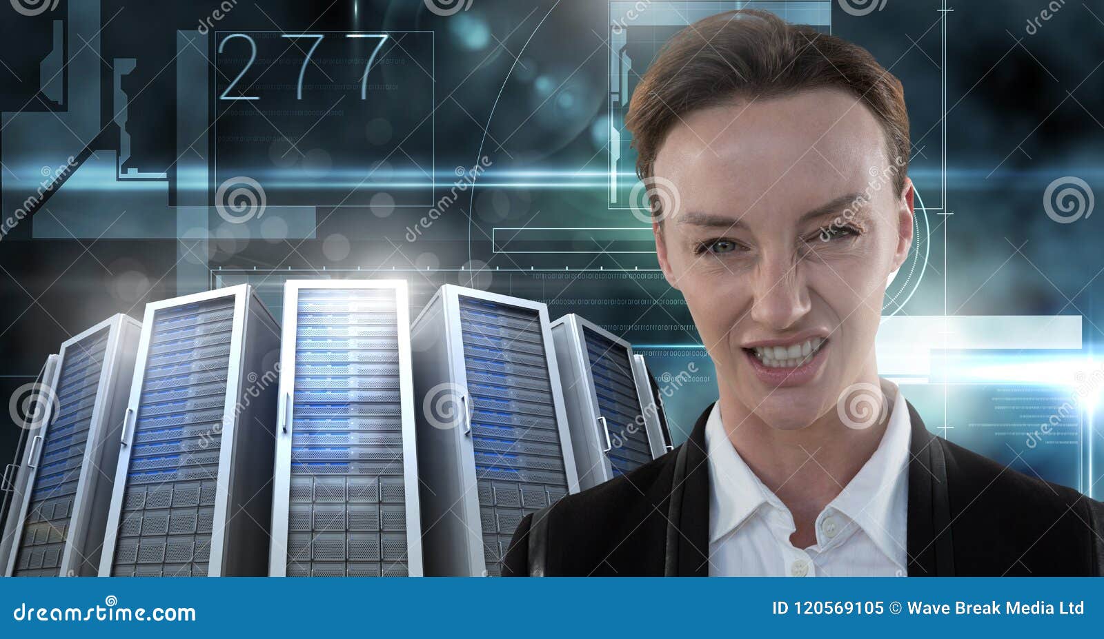 Woman with Computer Servers and Technology Information Interface Stock ...