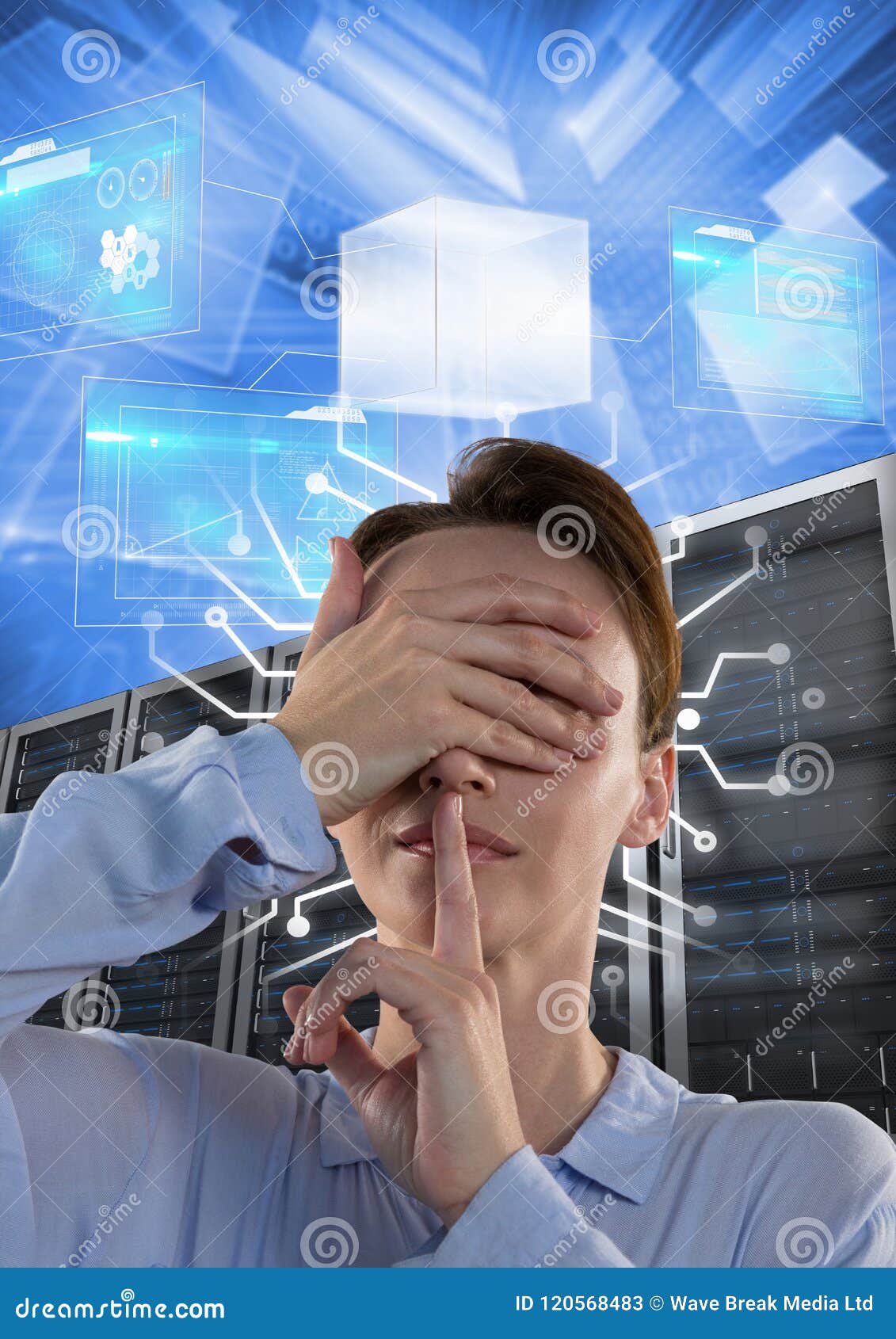 Woman with Computer Servers and Technology Information Interface Stock ...