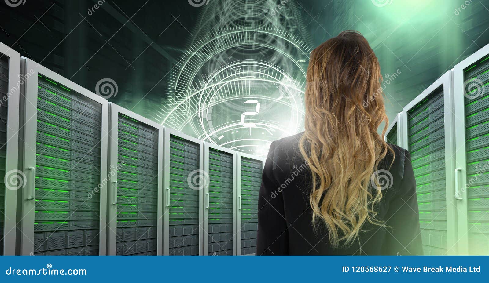 Woman with Computer Servers and Technology Information Interface Stock ...