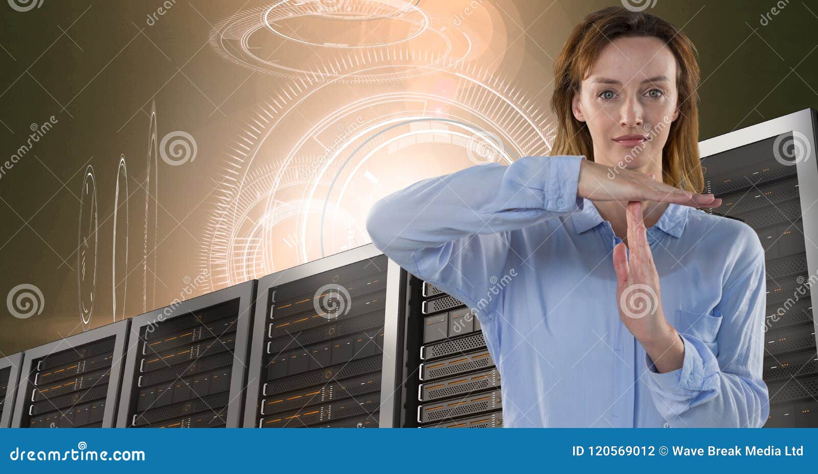 Woman with Computer Servers and Technology Information Interface Stock ...