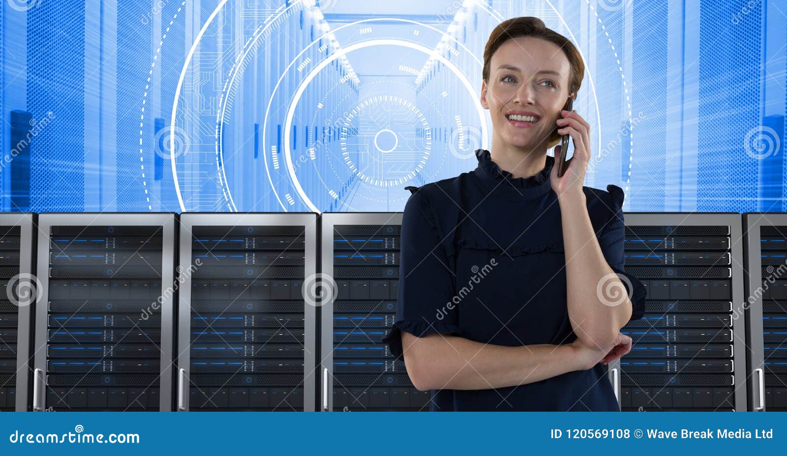 Woman with Computer Servers and Technology Information Interface Stock ...