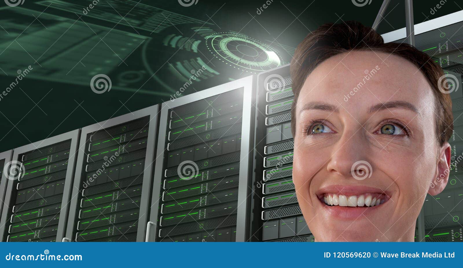 Woman with Computer Servers and Technology Information Interface Stock ...