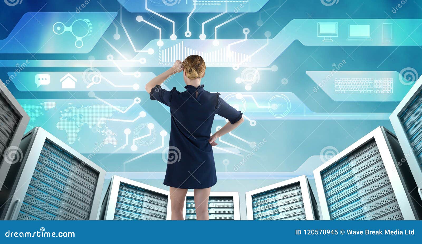 Woman with Computer Servers and Technology Information Interface Stock ...