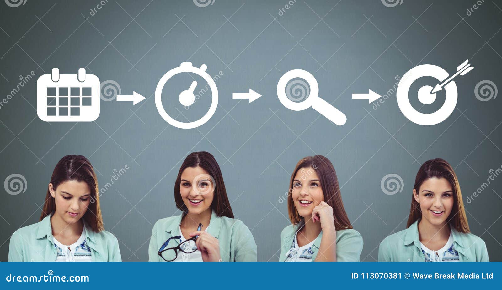 Woman Thinking in Sequence with Ideas and Brainstorm Process Icons ...