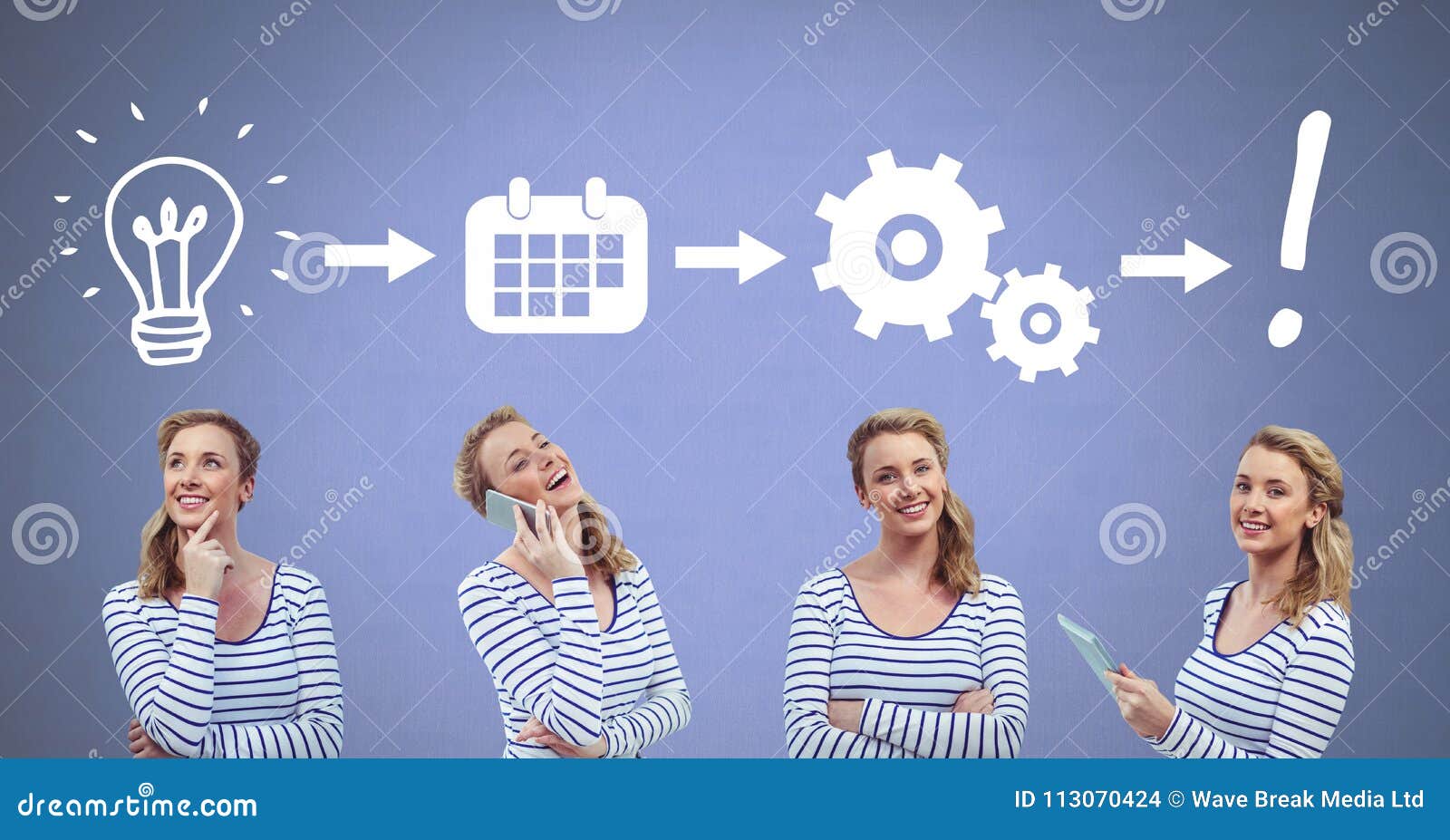 Woman Thinking in Sequence with Ideas and Brainstorm Process Icons ...