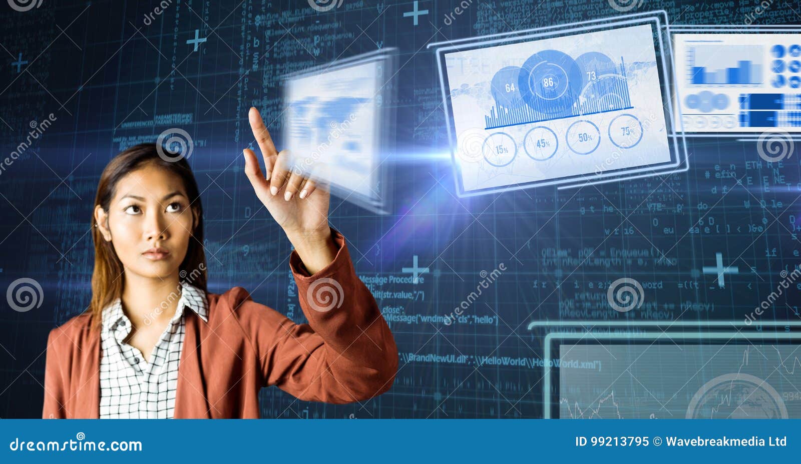 Woman Touching and Interacting with Technology Interface Panels Stock ...