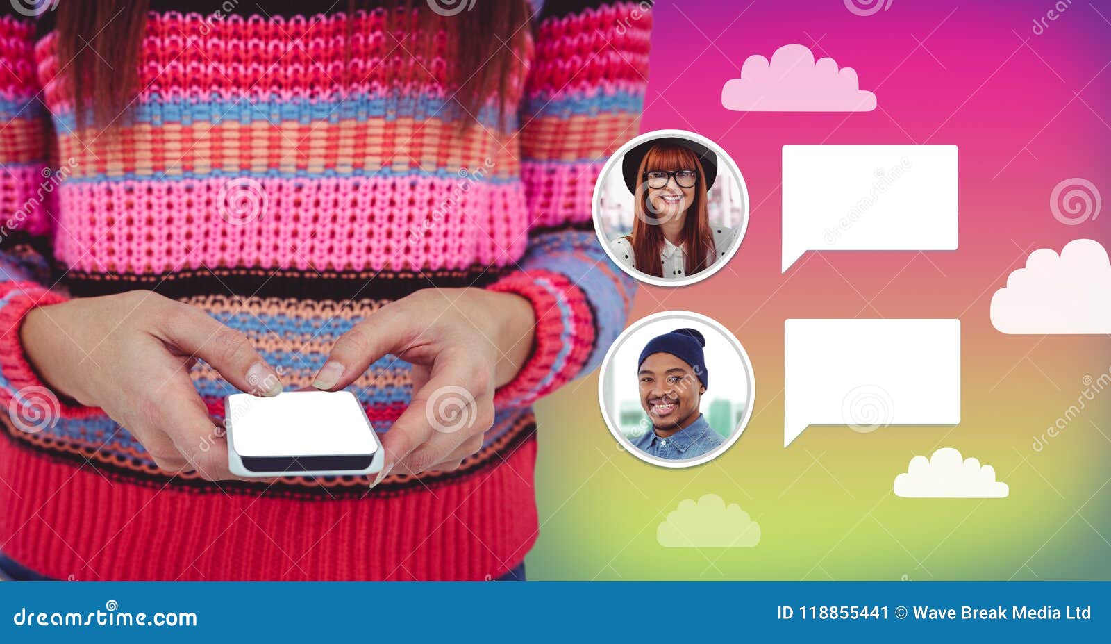 Woman Using Phone with Chat Bubble Messaging Profile Stock Image ...