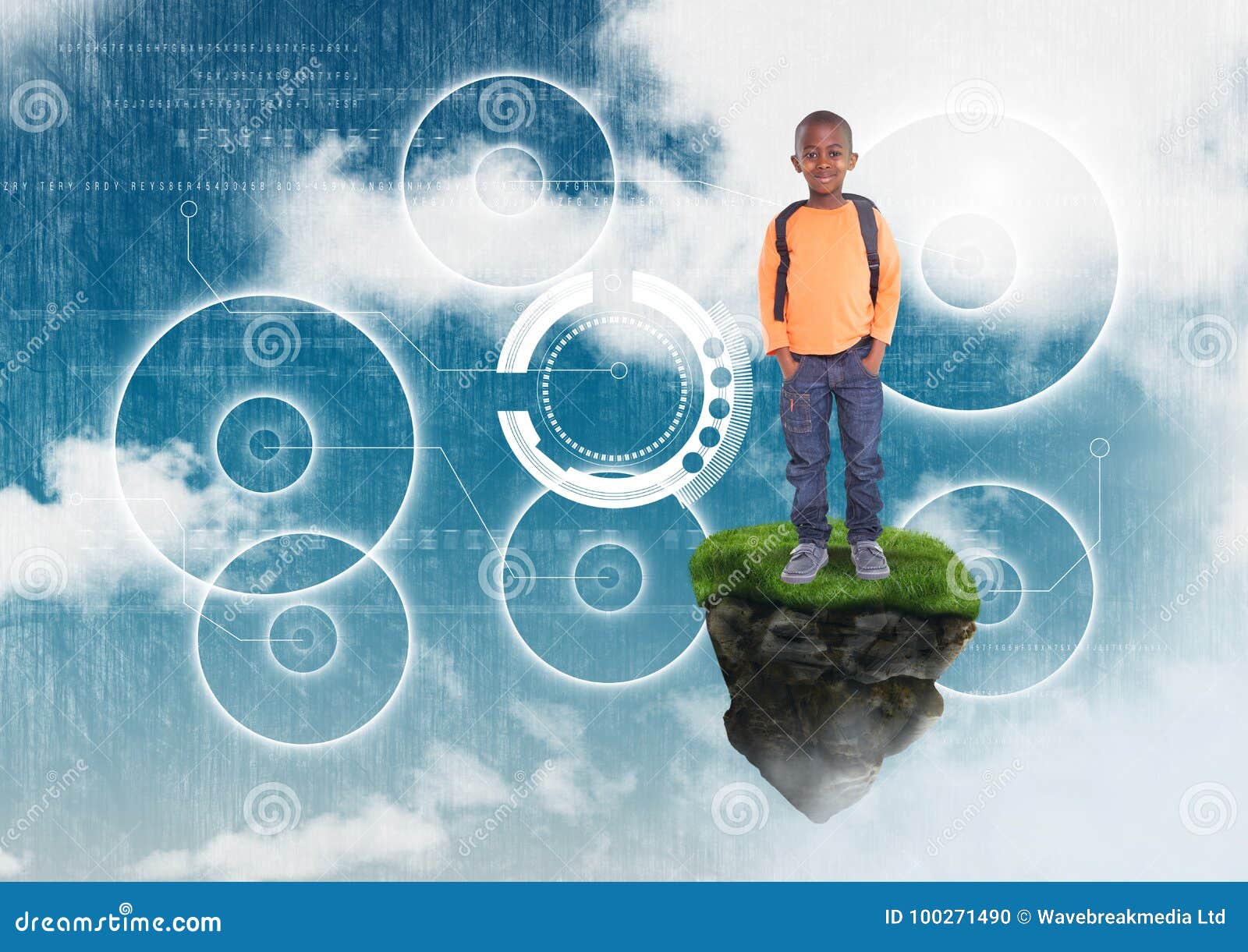 Young Boy on Floating Rock Platform in Sky with Interface Stock Photo ...