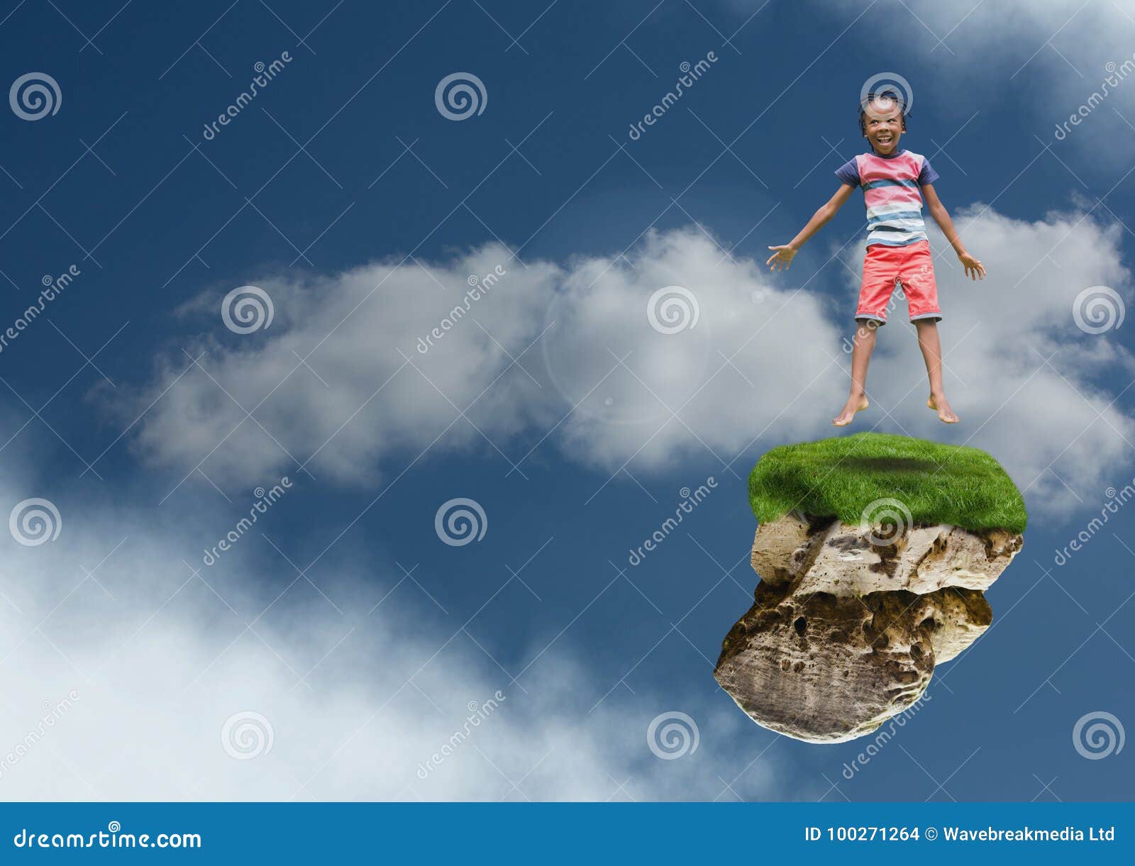 Young Boy on Floating Rock Platform in Sky Jumping Stock Illustration ...