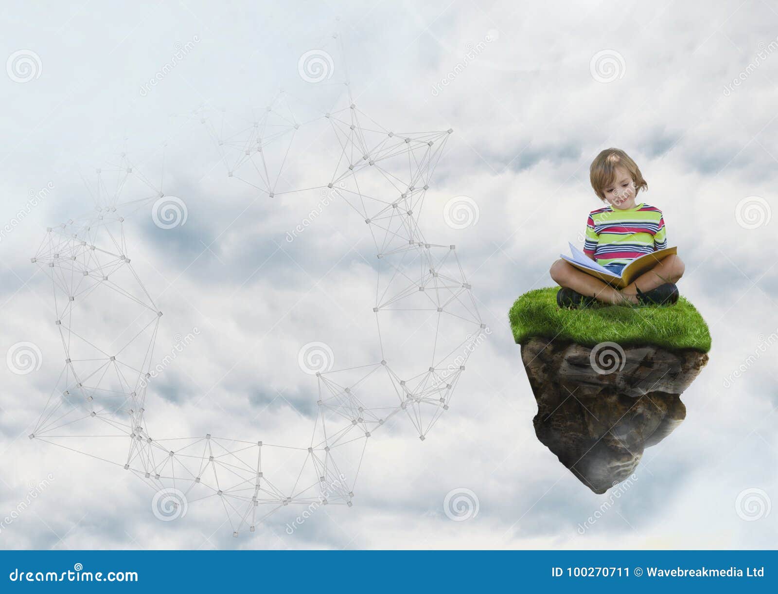 Young Boy on Floating Rock Platform in Sky Reading Book Stock ...