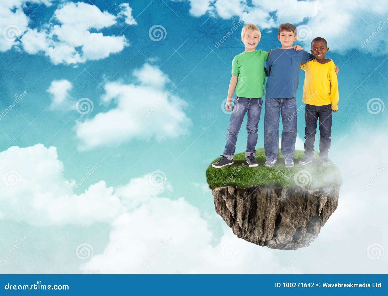 Young Boys on Floating Rock Platform in Sky Stock Photo - Image of ...