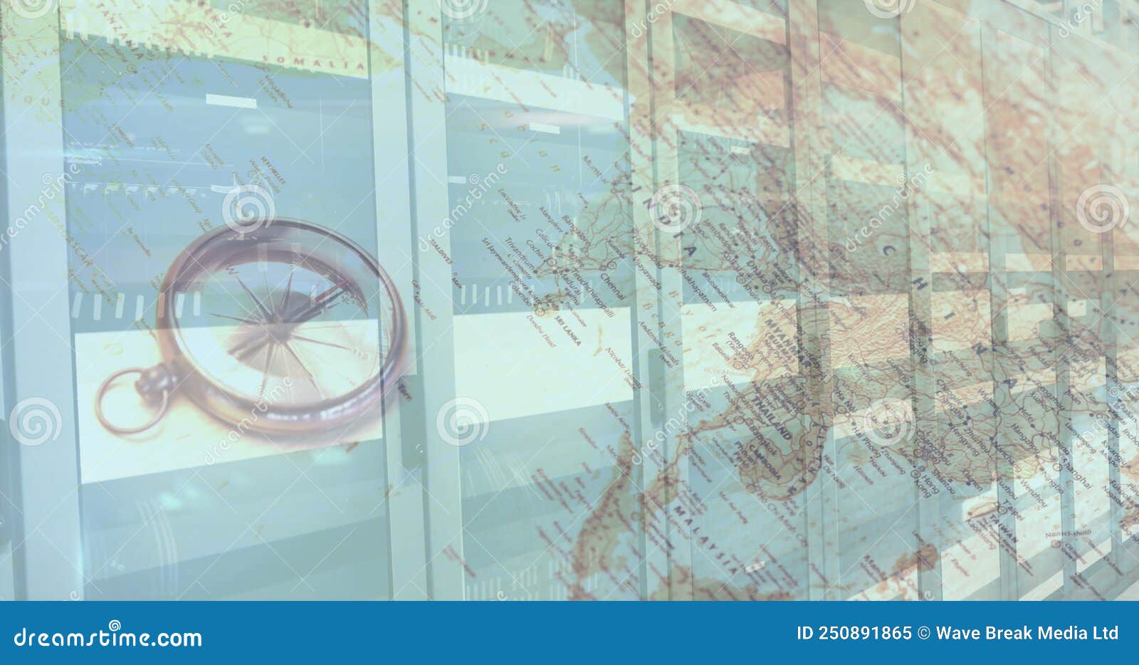 Digital Composition of Compass and World Map Against Computer Server ...