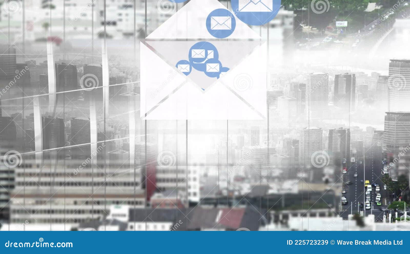 Digital Composition of Multiple Message Icons Floating Against View of ...