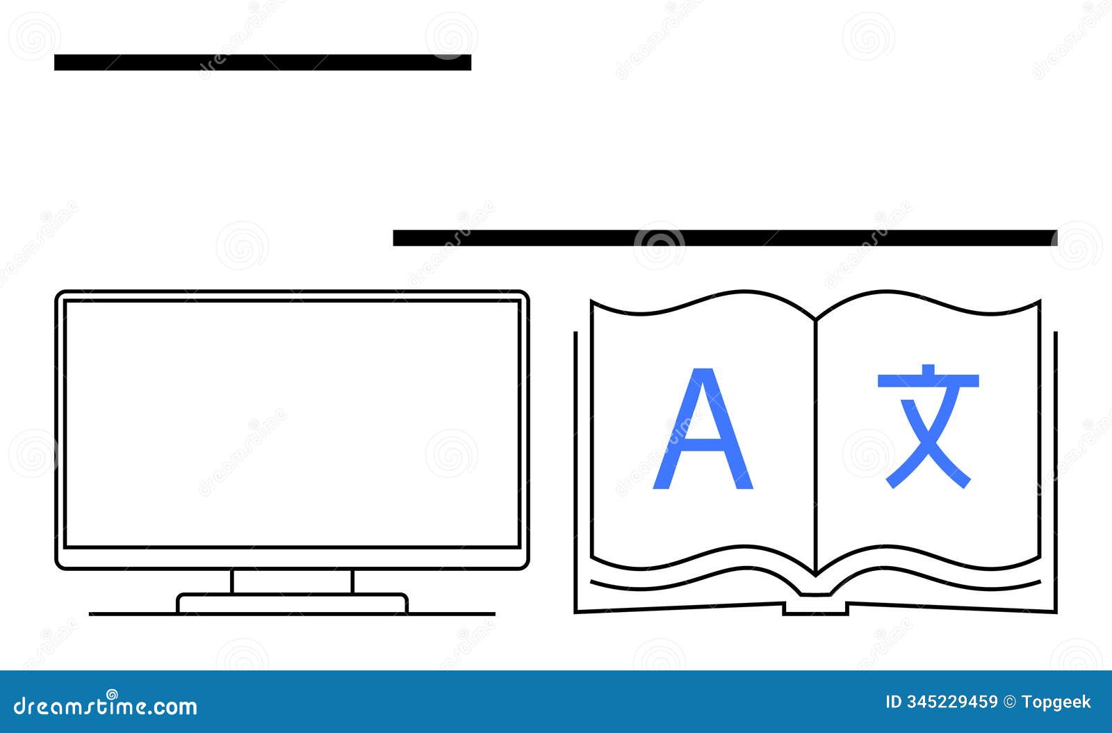 Digital Computer Displaying Bilingual Open Book with Blue Text for ...