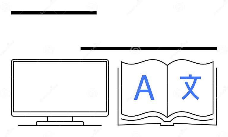 Digital Computer Displaying Bilingual Open Book with Blue Text for Language Learning and ...