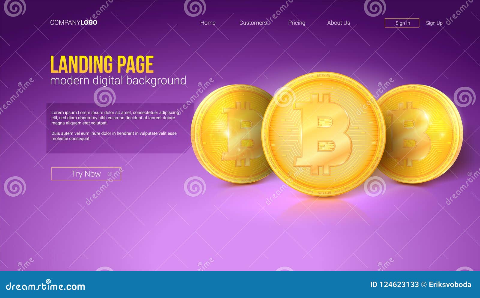Digital Concept of Landing Page of Website. Golden Bitcoin Coins ...
