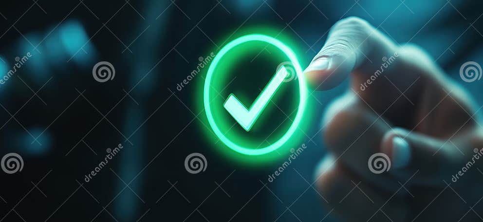Digital Confirmation Symbol with Glowing Checkmark, Hand Pressing ...