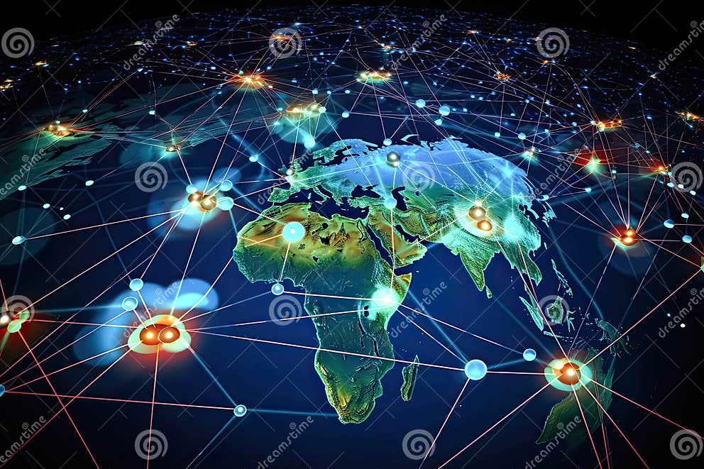 Digital Connectivity, World Map Illustrated with Dots Connected through ...