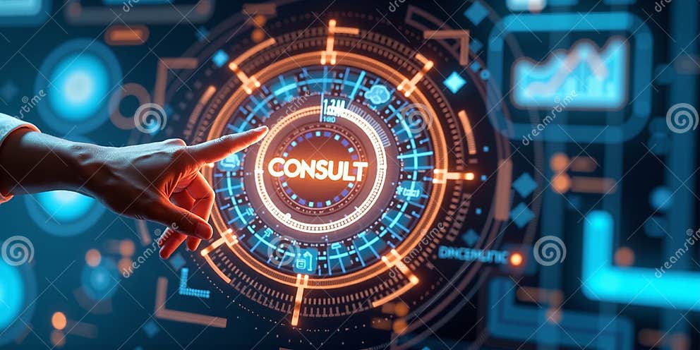 Hand Touching Glowing Consult Icon and Business Analytics Interface ...
