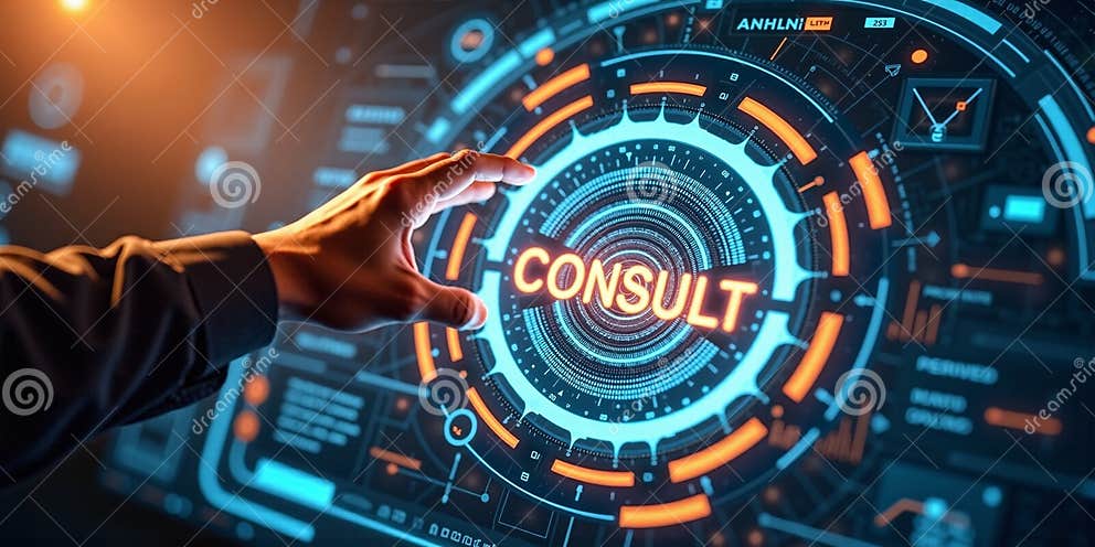 Hand Touching Glowing Consult Icon and Business Analytics Interface ...