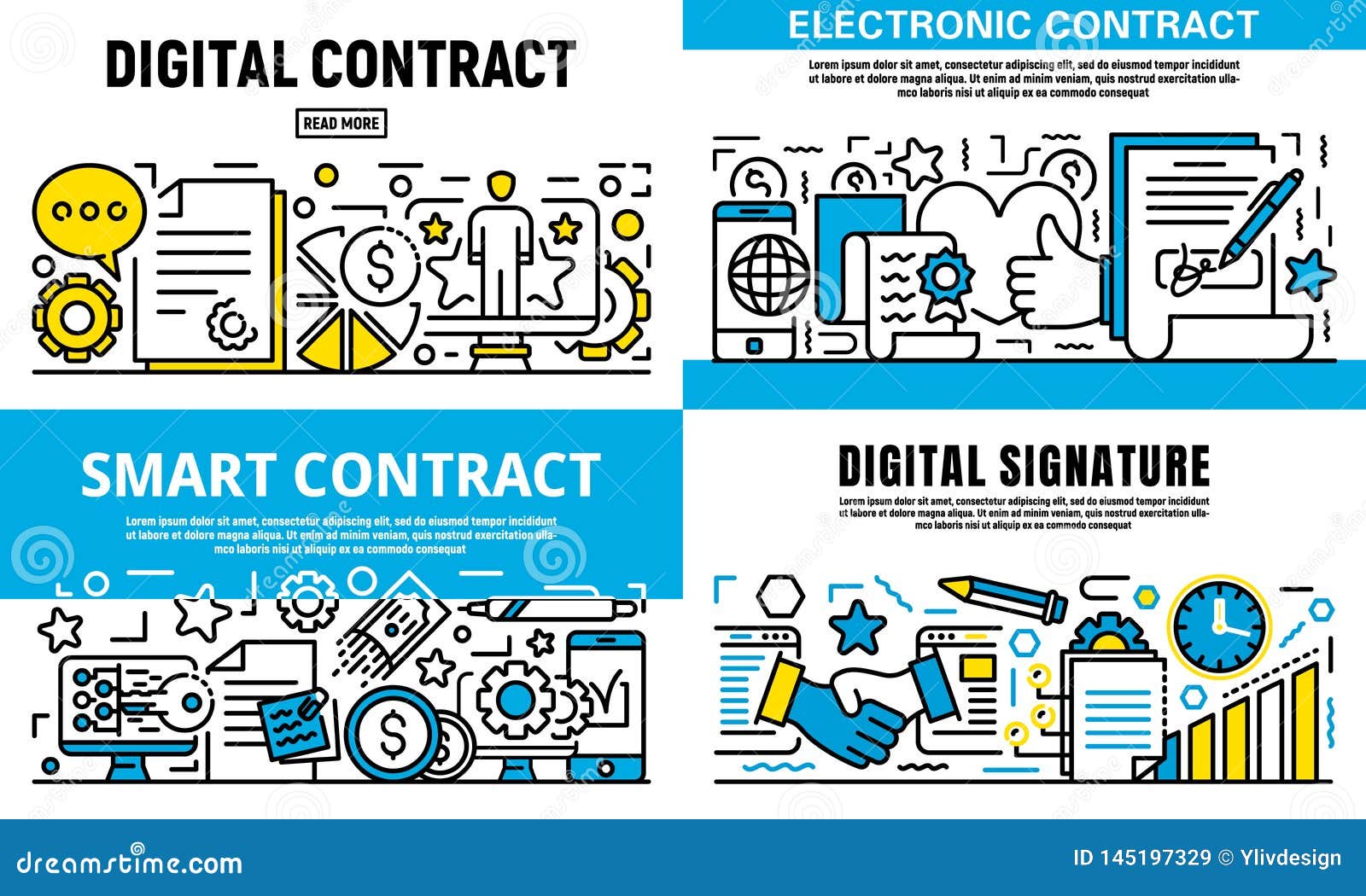 Digital Contract Banner Set, Outline Style Stock Vector - Illustration ...