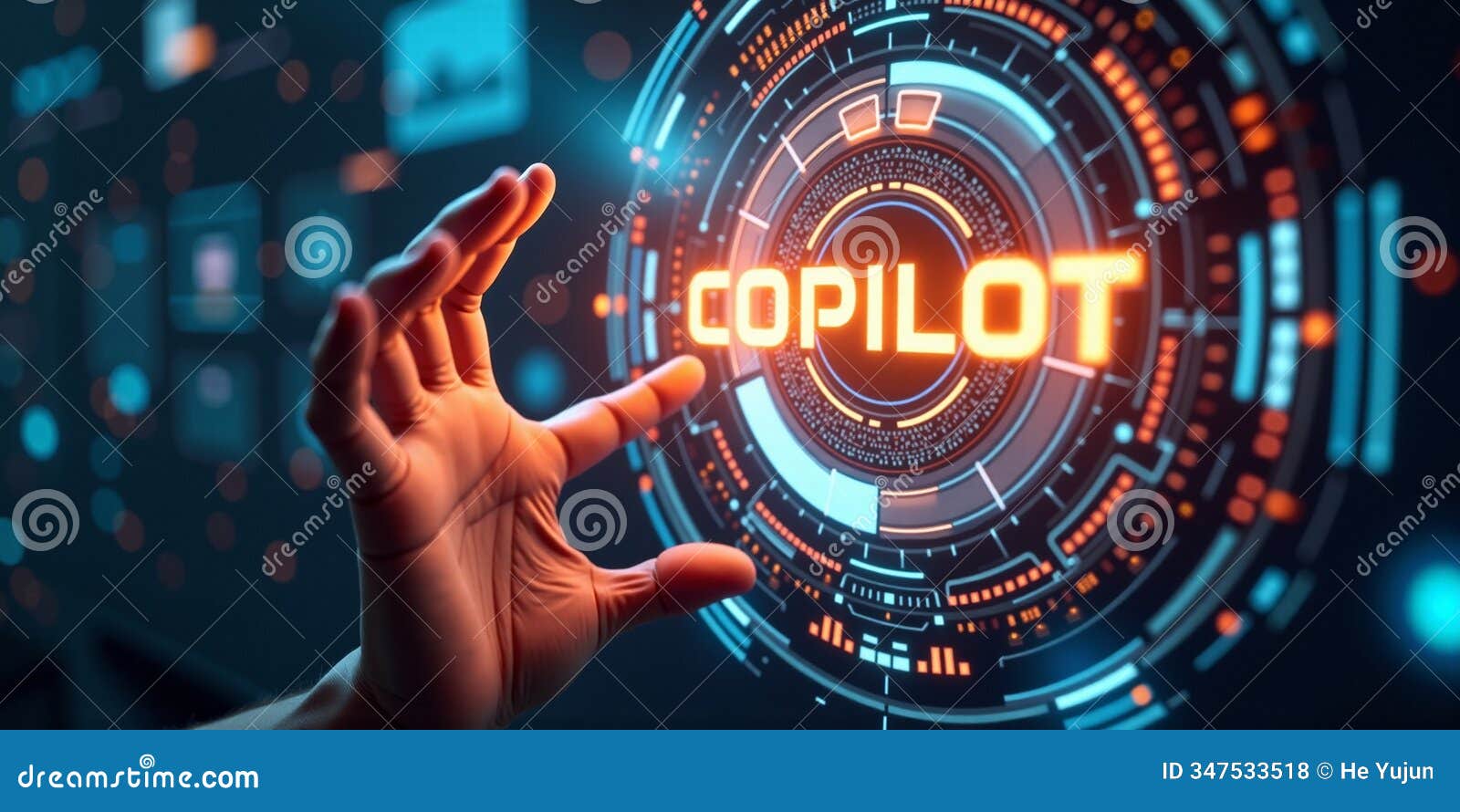 Hand Touching Glowing Copilot Icon and Business Analytics Interface ...