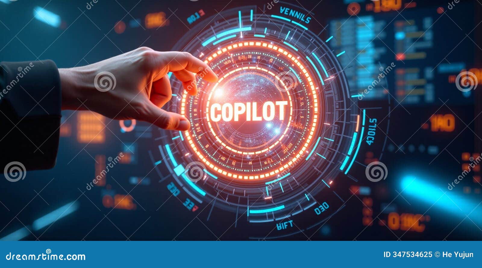 Hand Touching Glowing Copilot Icon and Business Analytics Interface ...