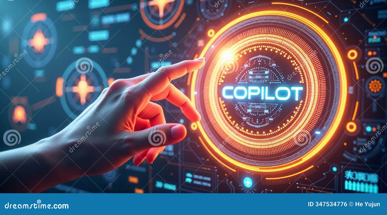 Hand Touching Glowing Copilot Icon and Business Analytics Interface ...