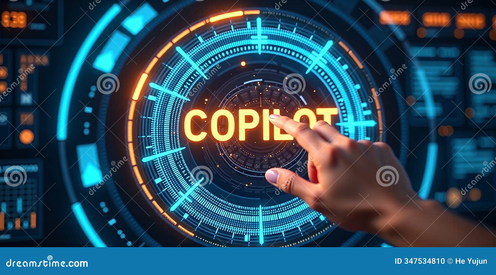 Hand Touching Glowing Copilot Icon and Business Analytics Interface ...