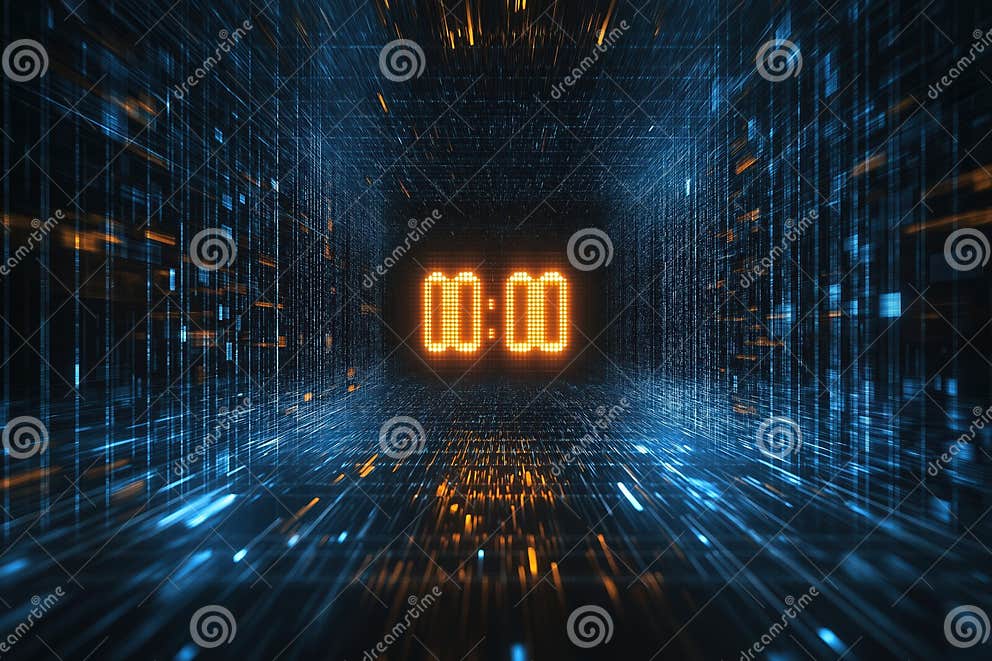 Digital Countdown Timer at Zero in a Futuristic Tunnel of Lights and ...