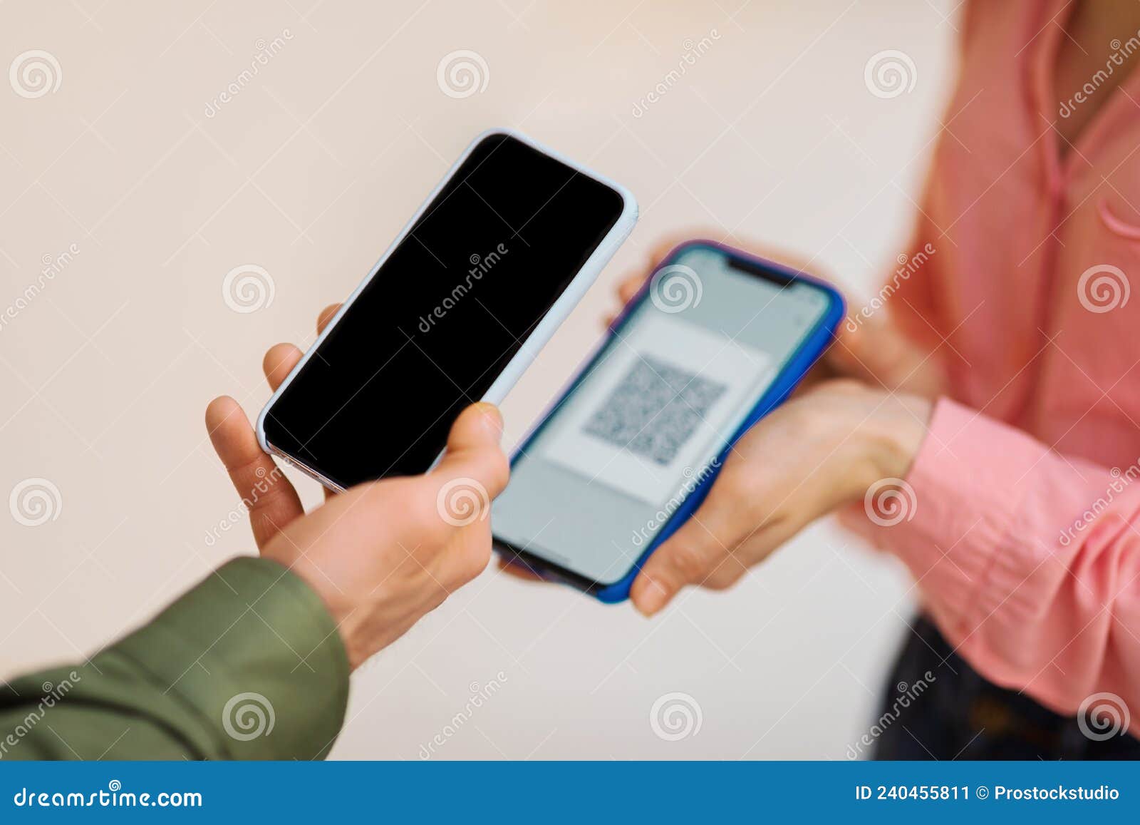 Unrecognizable Man Using Smartphone Scanning QR Code on Lady& X27;s ...