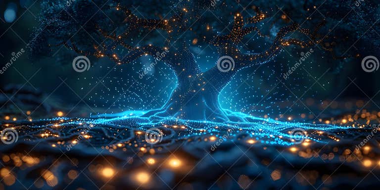 Digital Cube Tree with Blue Light Wireframe Network Background ...