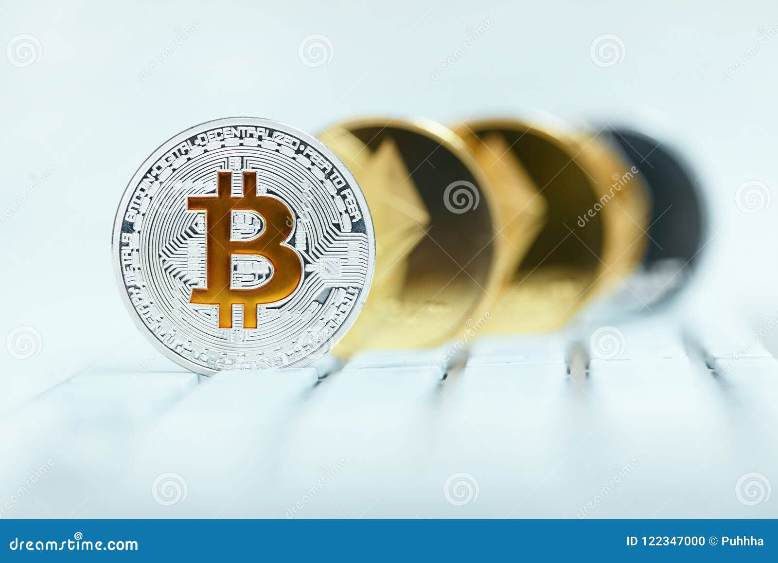 Digital Currency. Cryptocurrency Coins on Computer Close Up Stock Photo ...