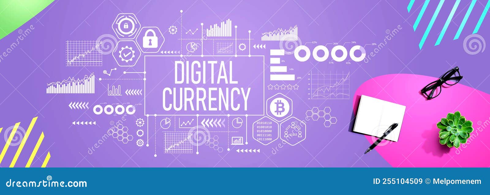 Digital Currency Theme with Notebook and Pen Stock Image - Image of ...