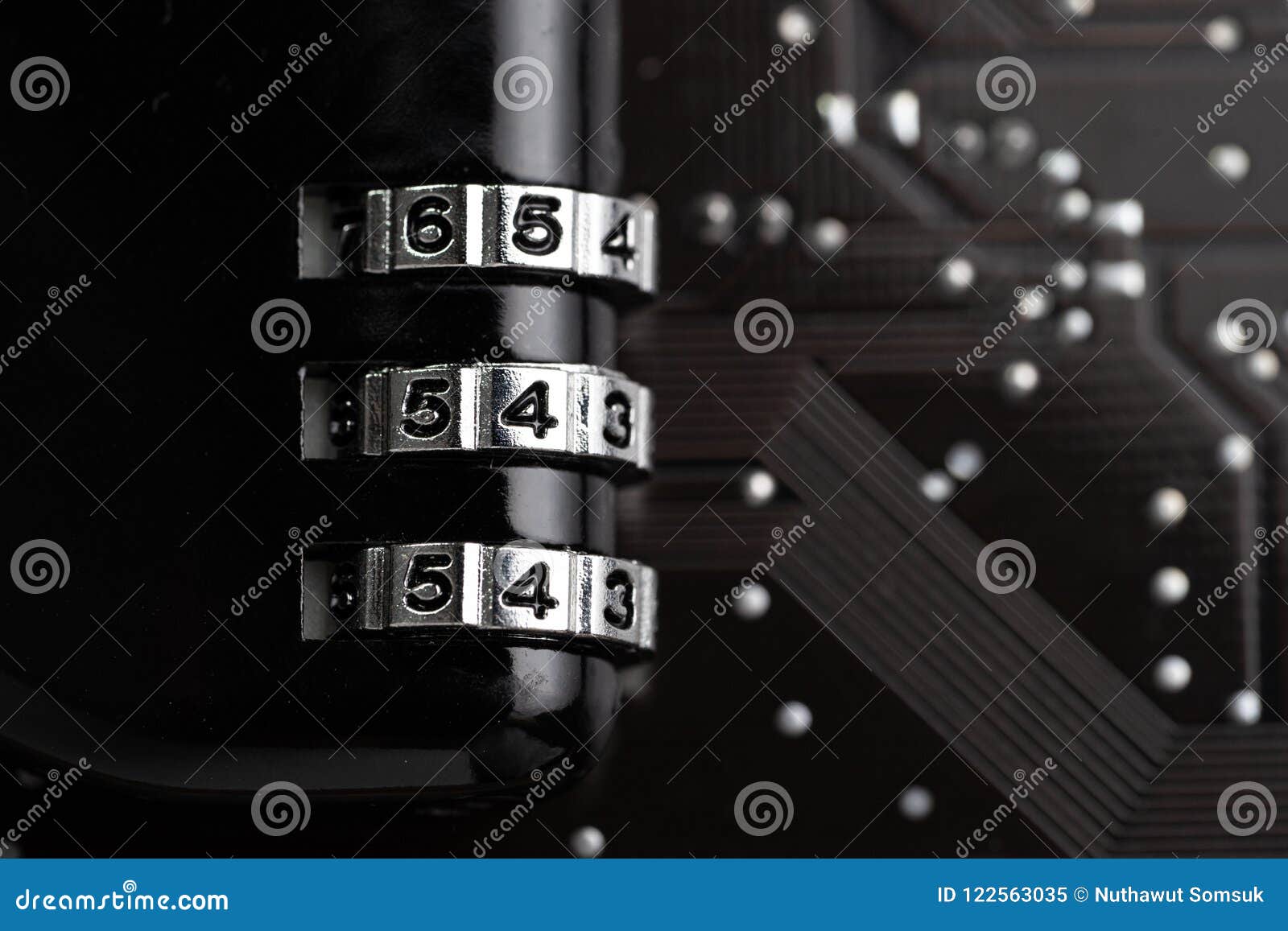 Digital Cyber Safety Or Security Concept Code Numbers On Combination Lock On Computer Circuit