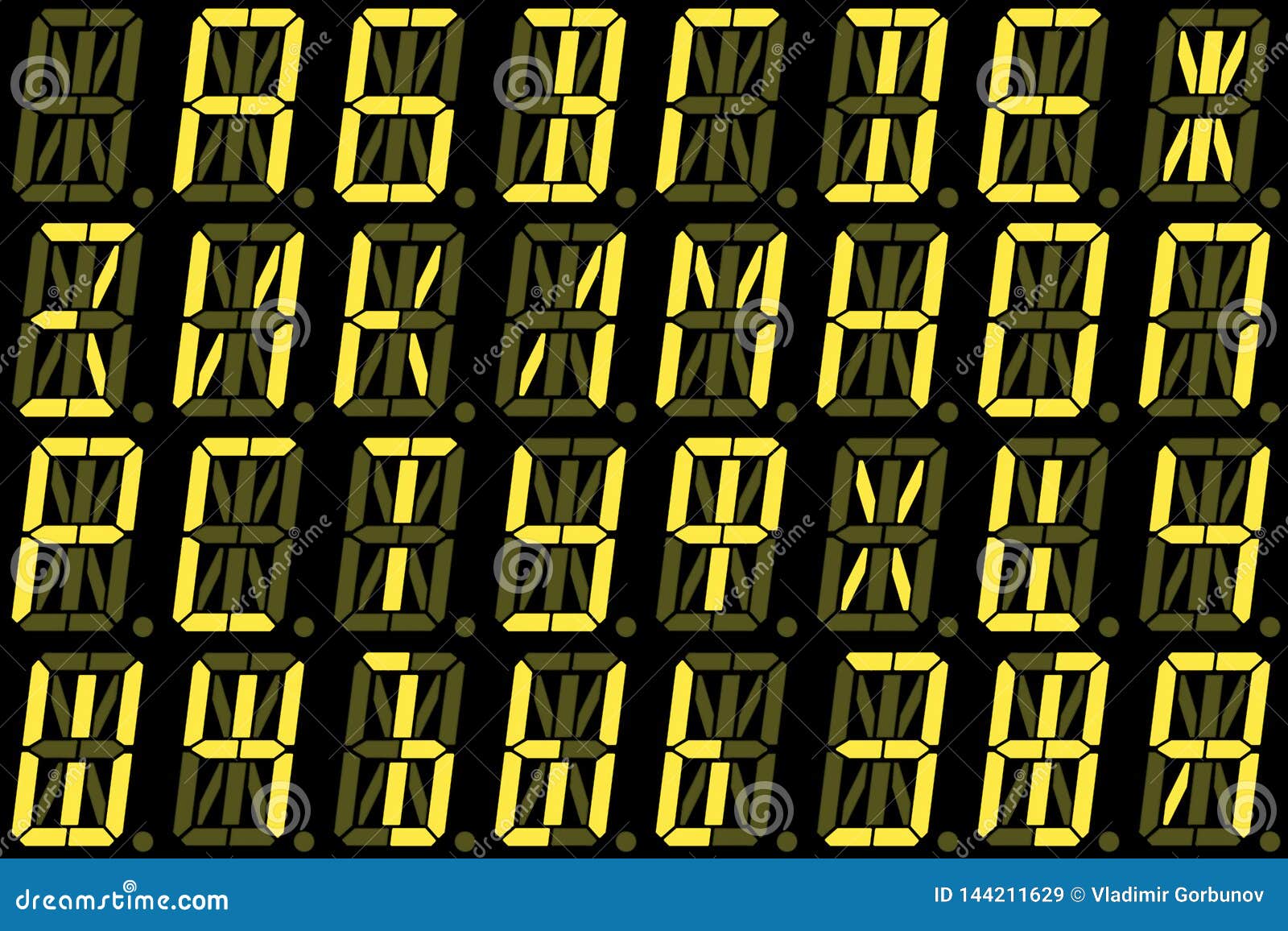 Digital Cyrillic Font from Capital Letters on Yellow Alphanumeric LED ...