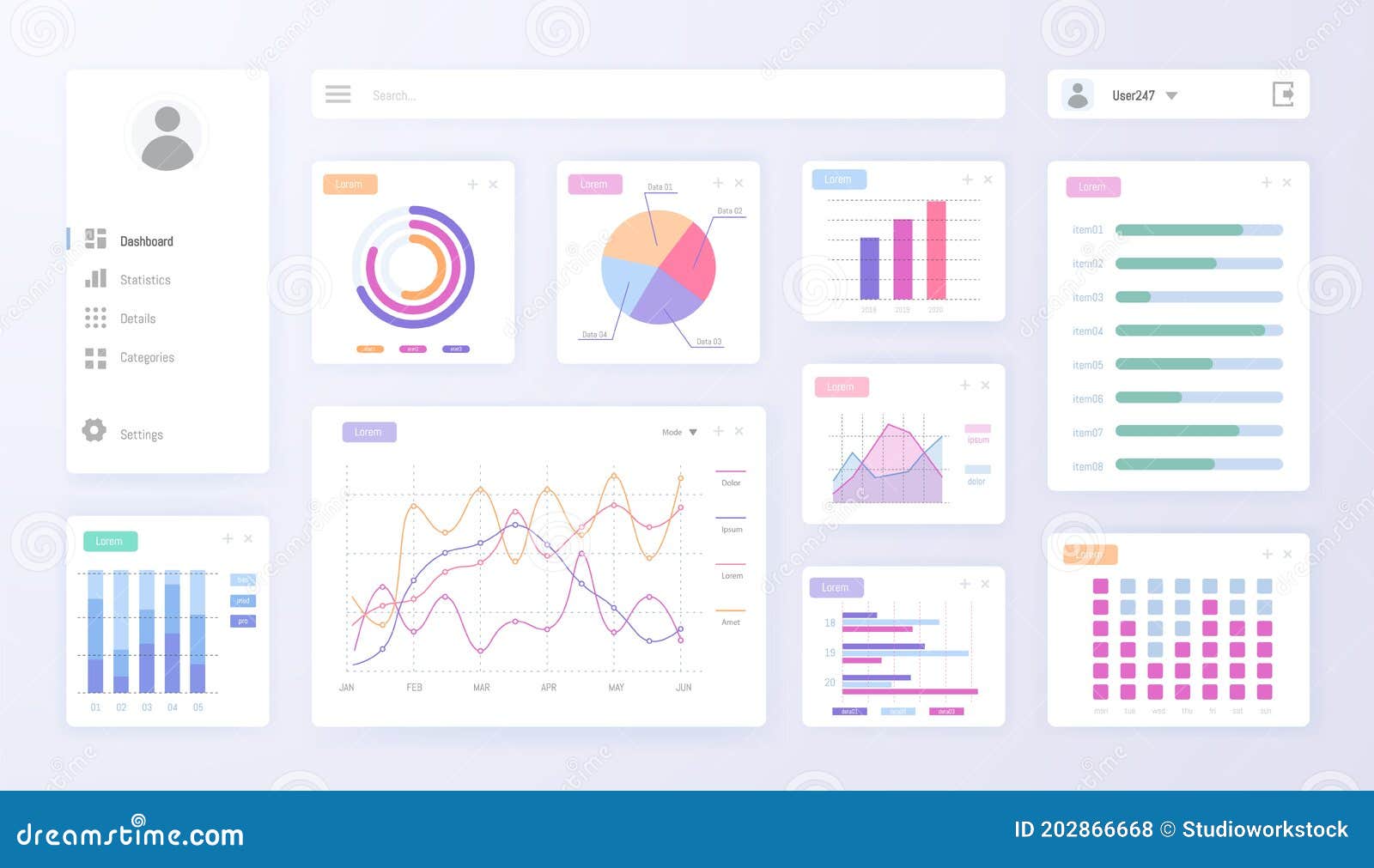 Digital Dashboard Admin Panel with Graph, Chart Diagram Stock Vector ...