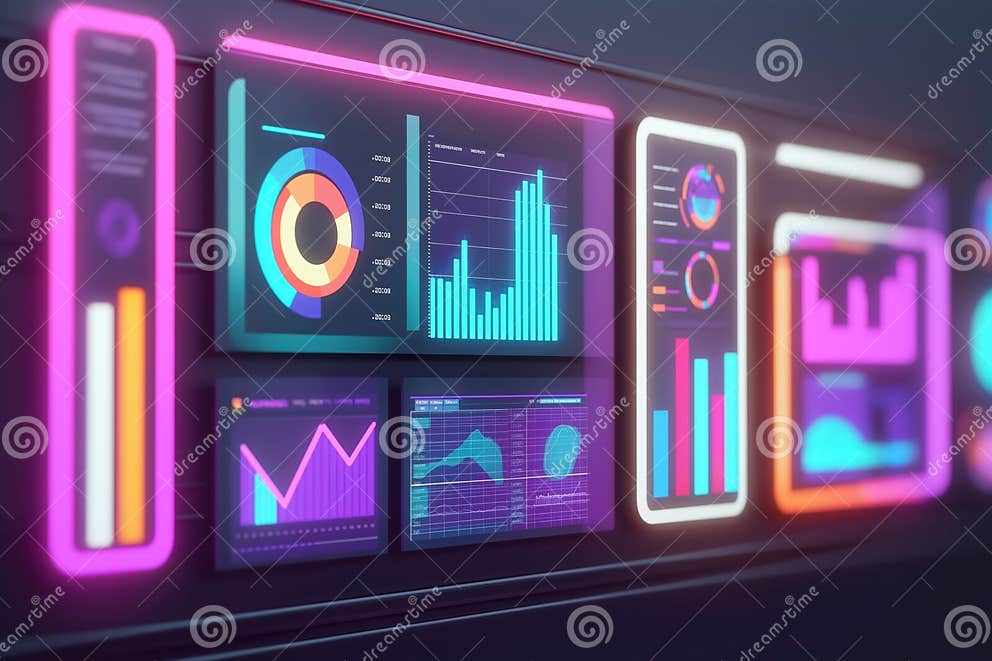 Digital Dashboard with Glowing Colorful Graphs, Charts. Data Visualization Interface Displays ...