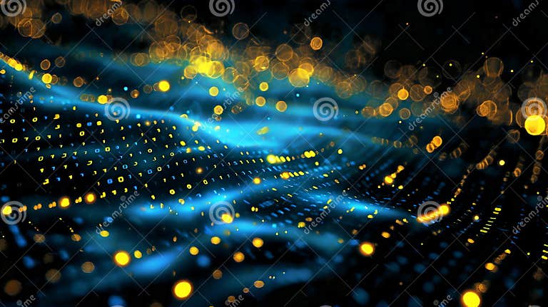 Digital Data and Binary Code Background with Blue, Yellow Lights Stock Illustration ...