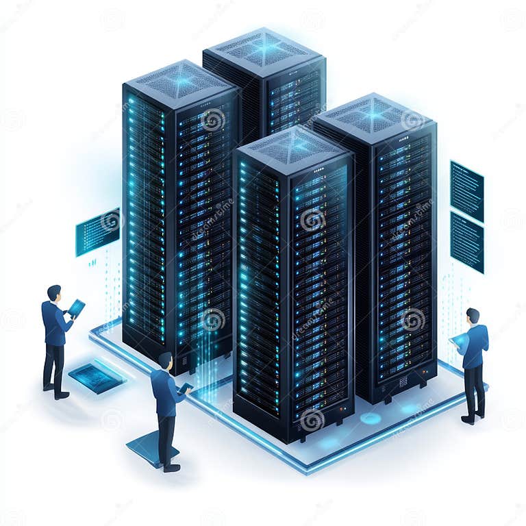 Digital Data Center with Multiple Servers and Professionals Managing ...