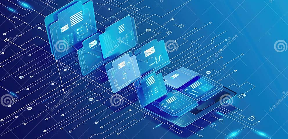 Digital Data Files Hovering Over a Matrix of Connected Lines on a Blue ...