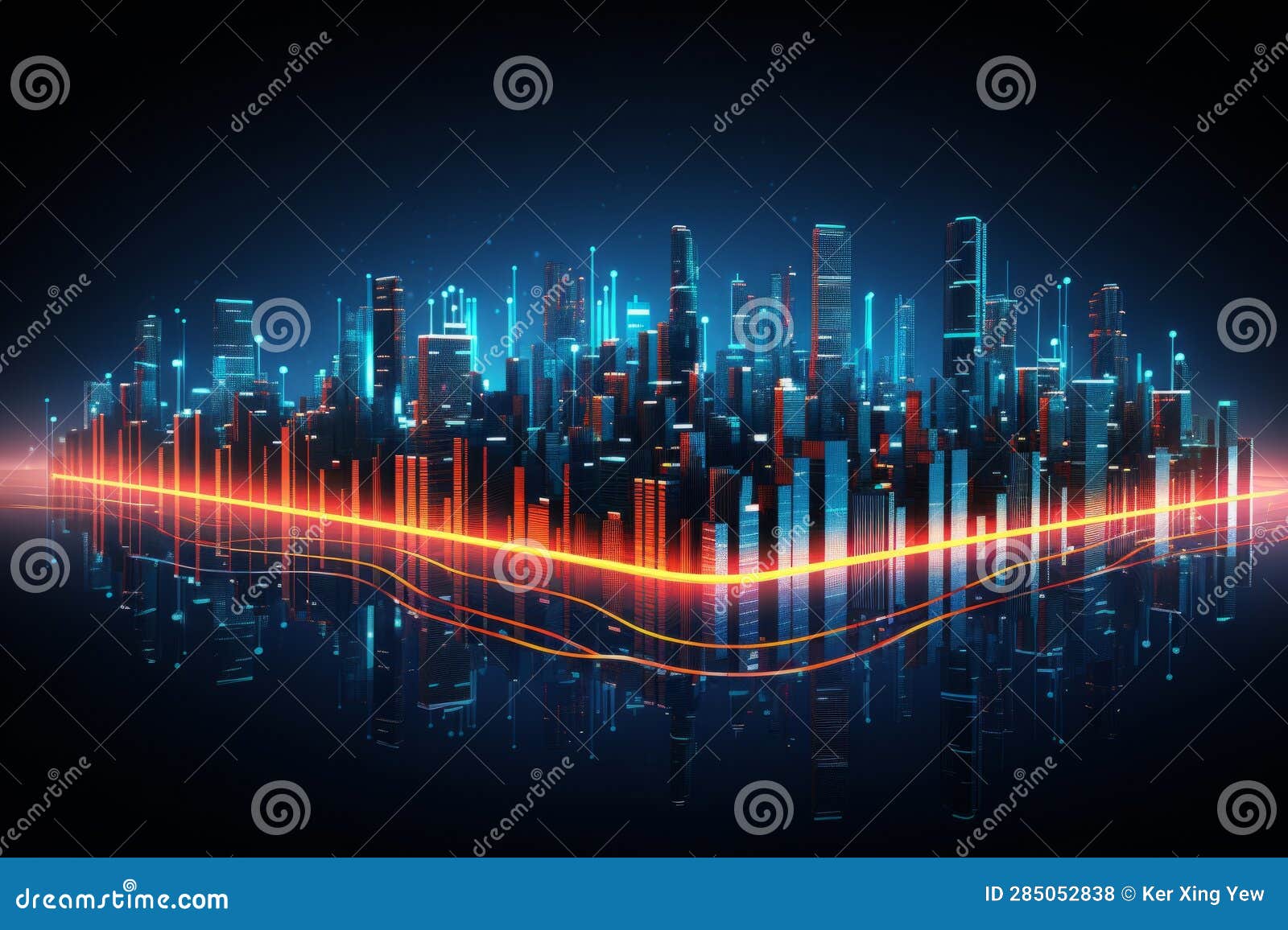 Digital Data Flow with Bright Neon Lights Stock Illustration ...