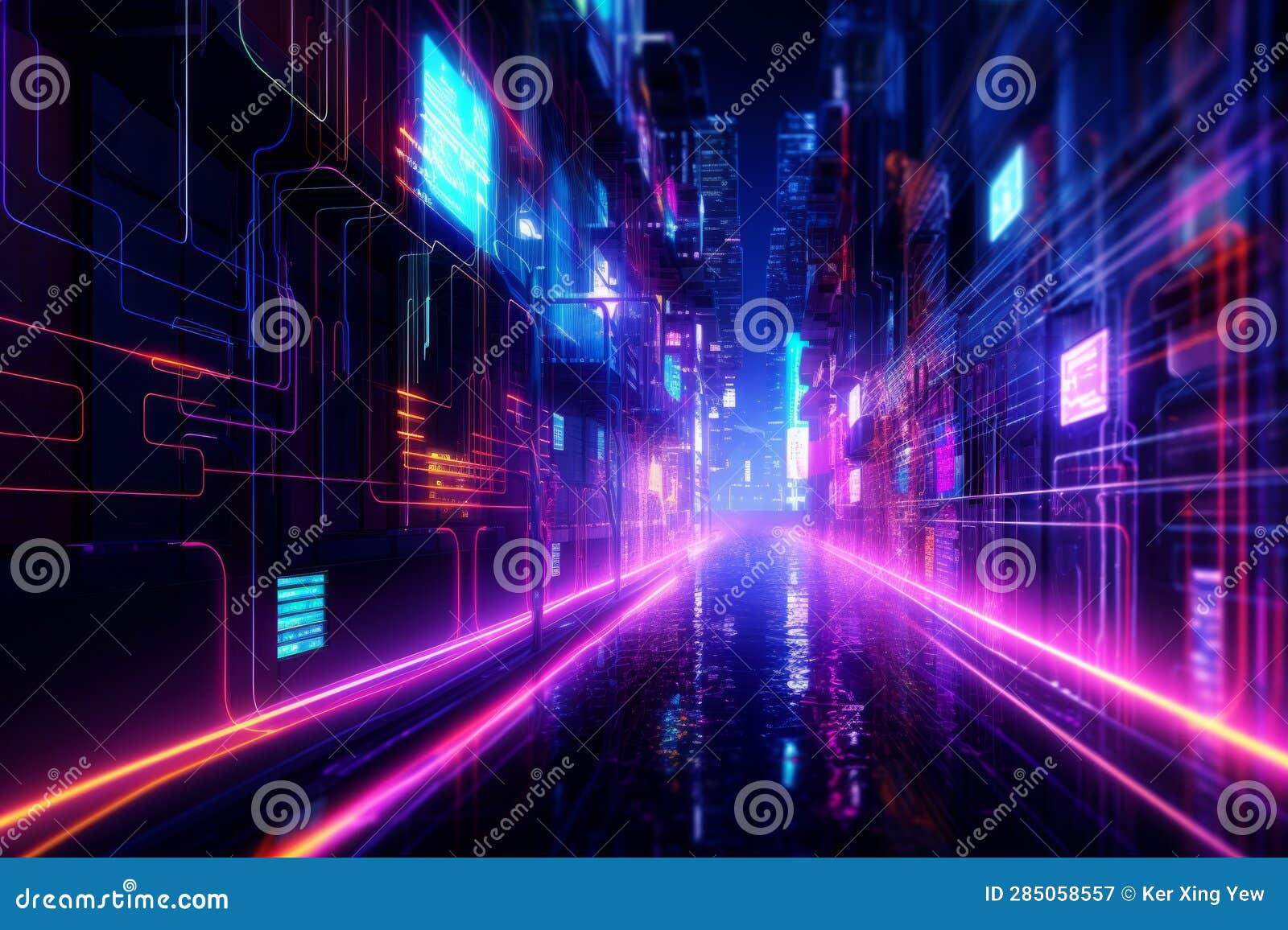 Digital Data Flow with Bright Neon Lights Stock Illustration ...