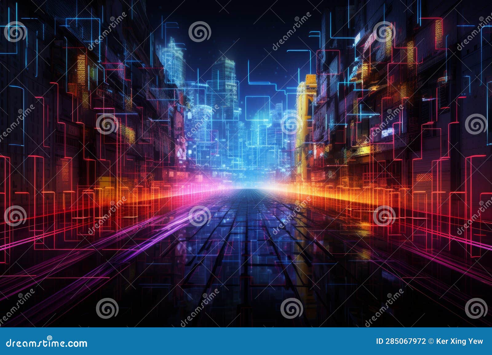 Digital Data Flow with Bright Neon Lights Stock Illustration ...